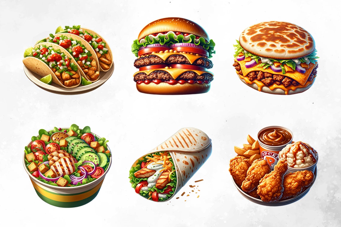 Watercolor Fast Foods Clipart, Quick Serve Meal Graphics, Burger, Pizza ...