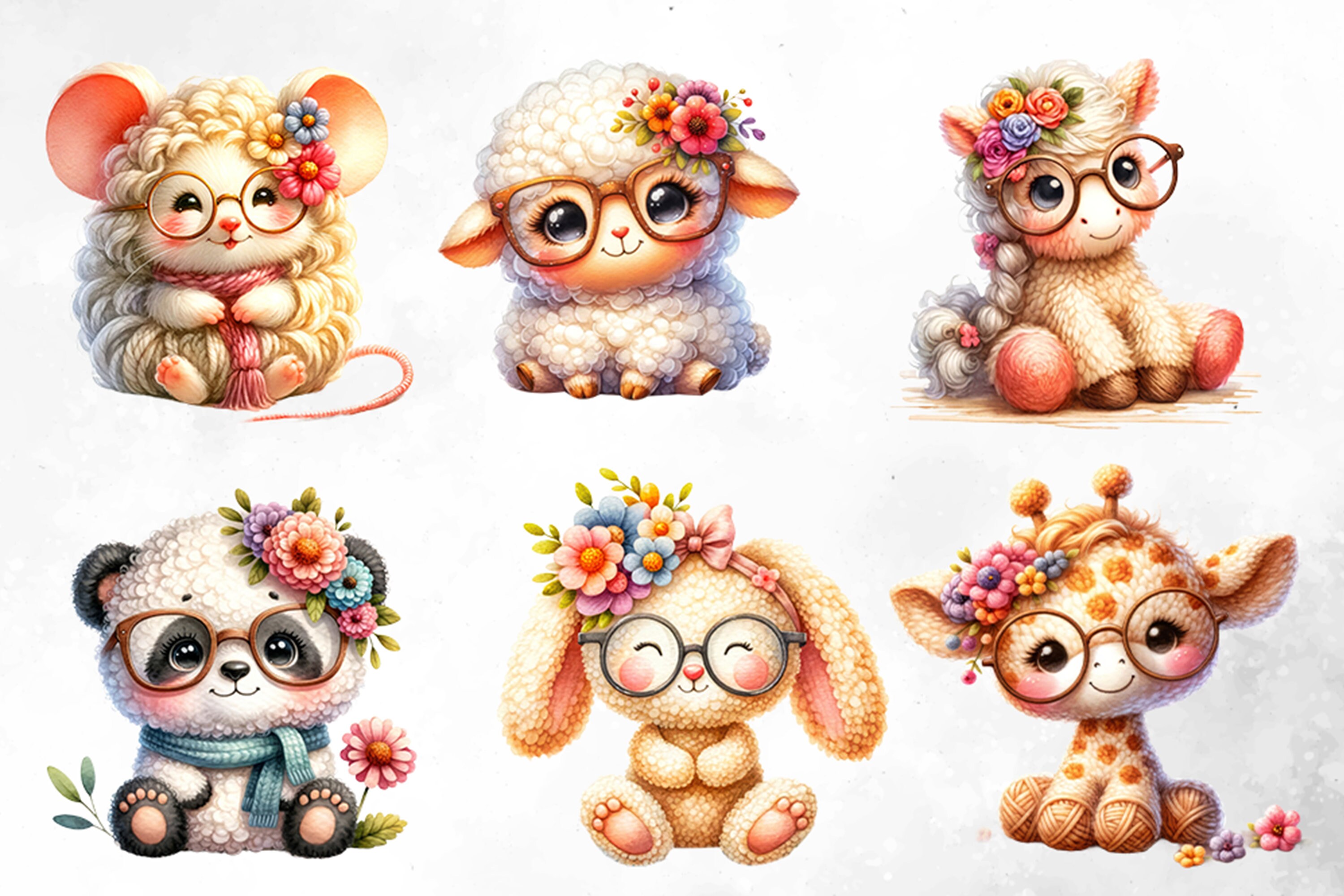 Pastel Watercolor Floral Animals Clipart, Adorable Crochet Floral ...