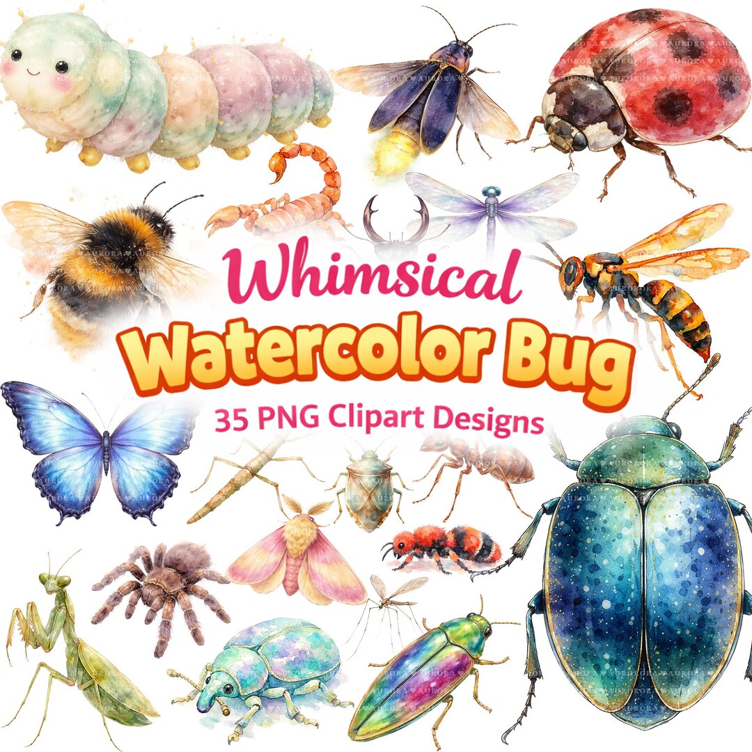 35 Watercolor Insect Clipart Bundle, Pastel Bug Sublimation PNG ...