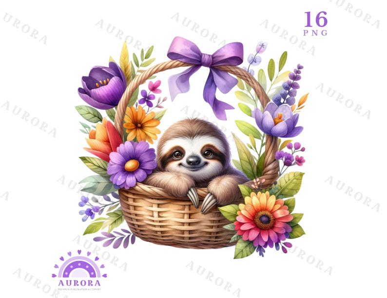 Watercolor Spring Floral Sloth Clipart, Cute Sloth With Flowers PNG ...