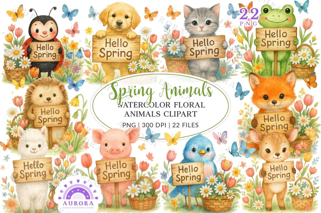Spring Animals Clipart, Watercolor Spring Animals PNG, Hello Spring ...