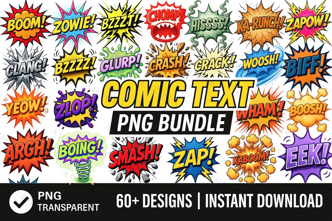 Comic Text Bubble PNG Bundle, Pop Art Sound Effects Clipart, Retro ...