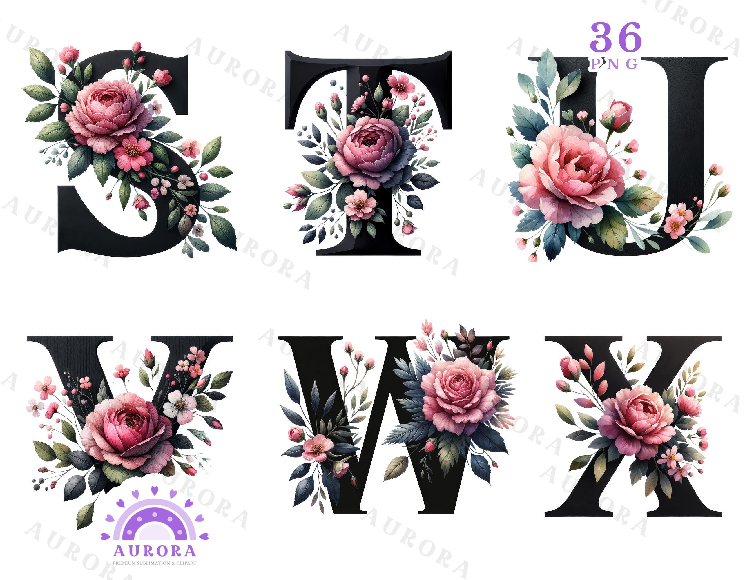 Elegant Floral Alphabet and Numbers Clipart, Watercolor Floral Alphabet ...