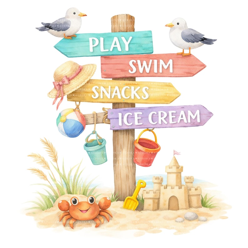 28 Beach Signpost Clipart Bundle, Coastal Summer Watercolor PNG ...