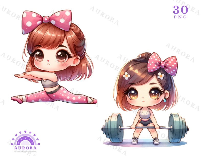 Chibi Fitness Girl Clipart, Gym Workout PNG Bundle, Sublimation Designs ...