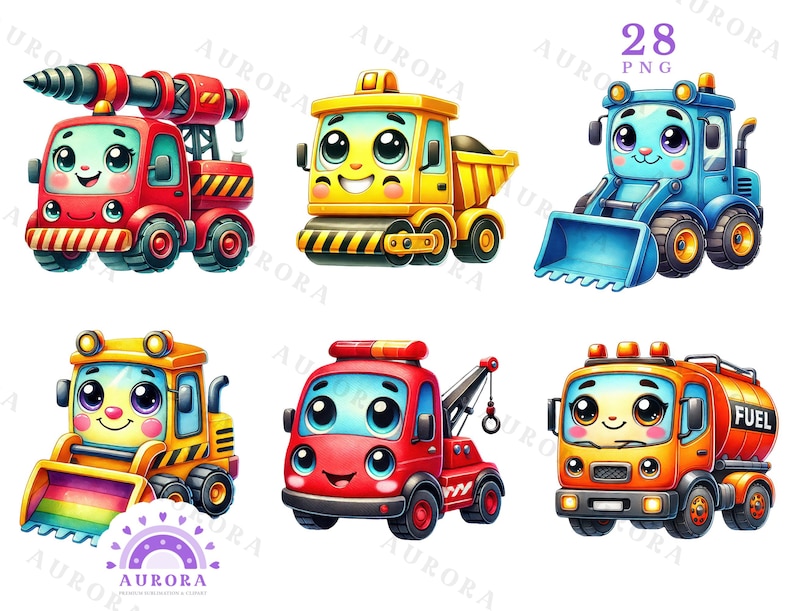 Cute Construction Vehicle Clipart Bundle, Kids Trucks PNG (digital ...
