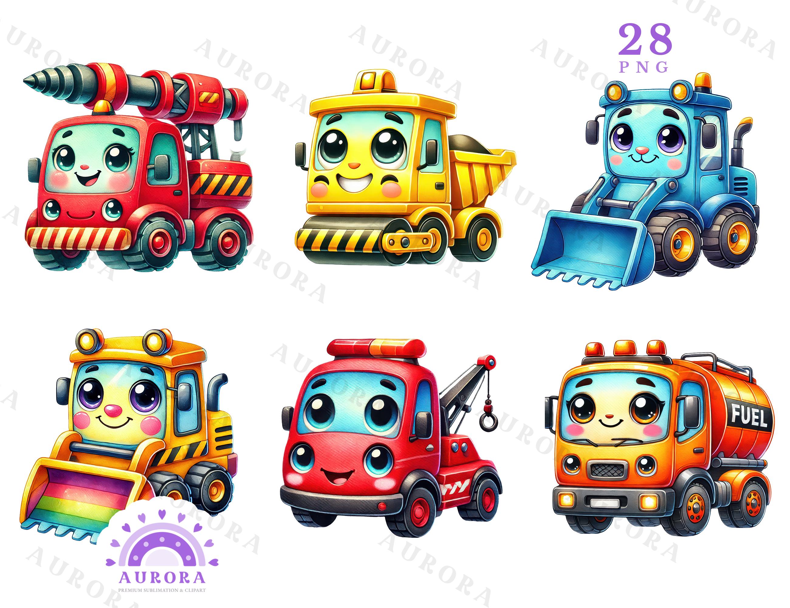 Cute Construction Vehicle Clipart Bundle, Kids Trucks PNG (digital ...