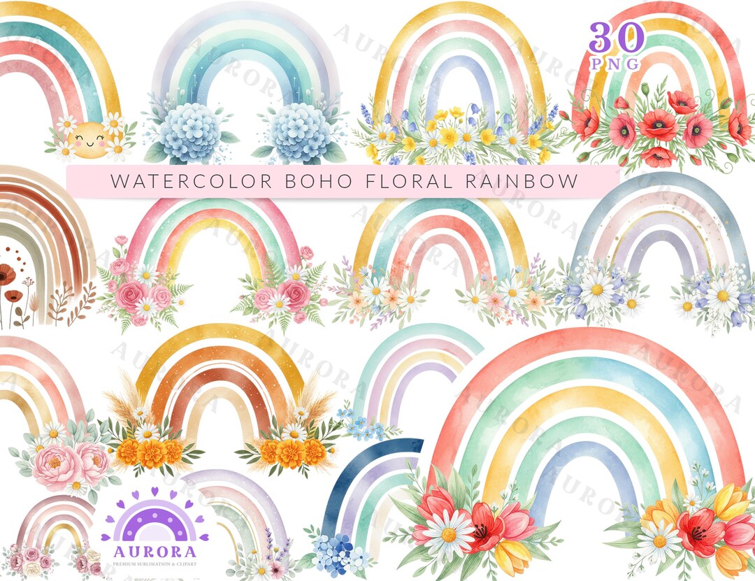 Watercolor Boho Floral Rainbow Clipart Bundle, Boho Nursery Wall Art ...