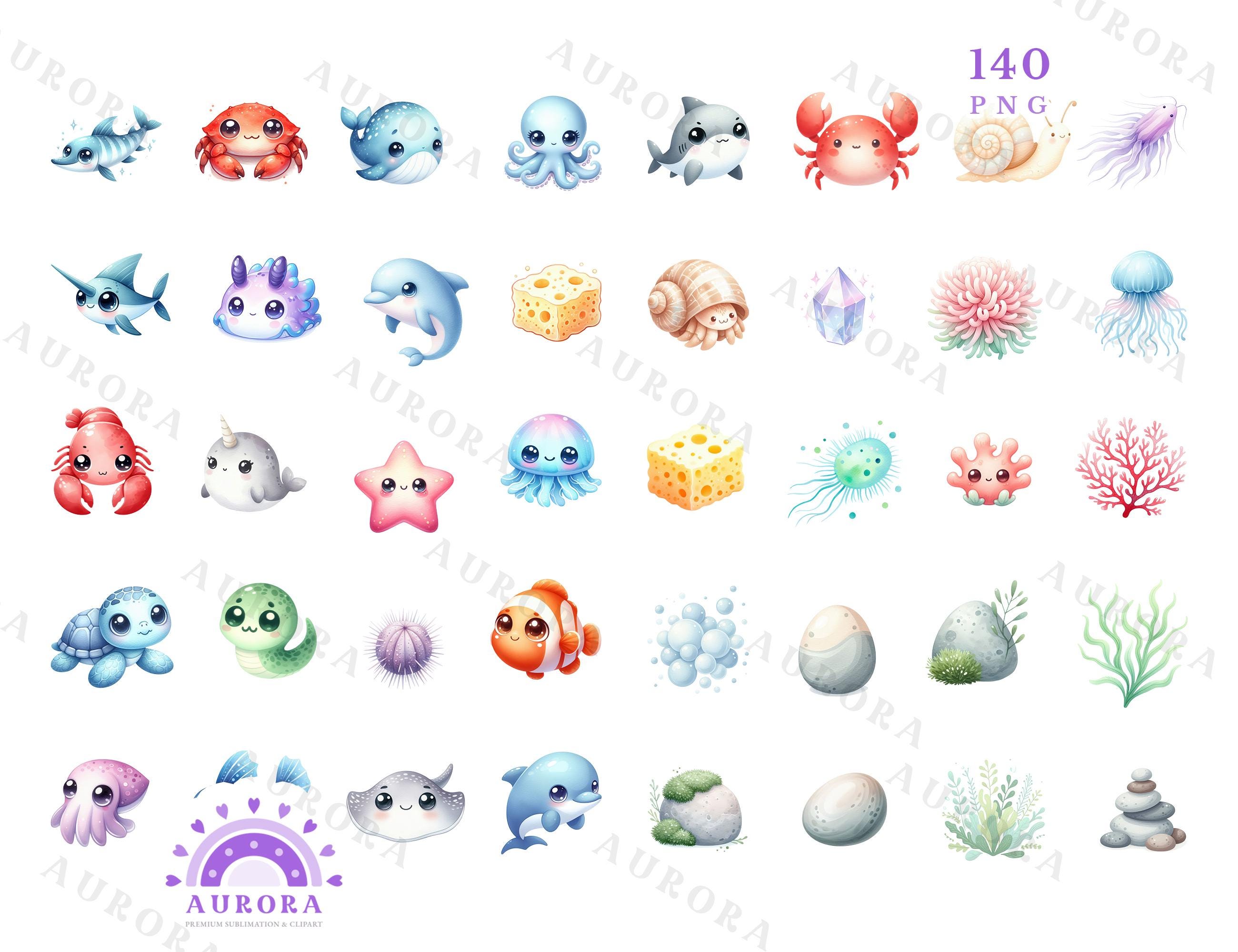 140+ Ocean Animals Clipart, Kawaii Sea Creatures PNG Bundle, Nursery ...