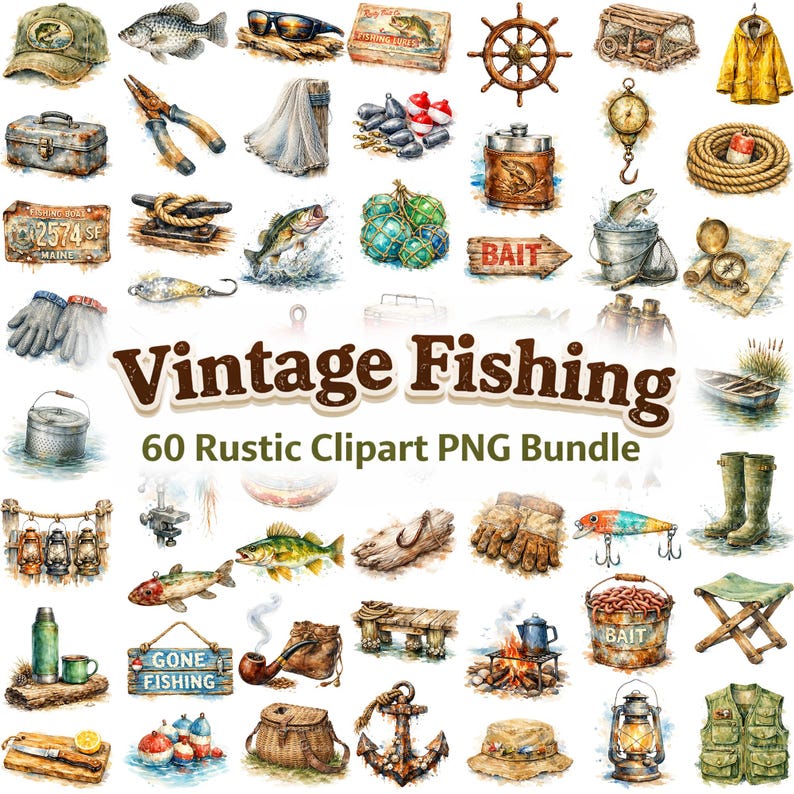 Vintage Watercolor Fishing Clipart Bundle, Rustic Fisherman PNG, Junk ...