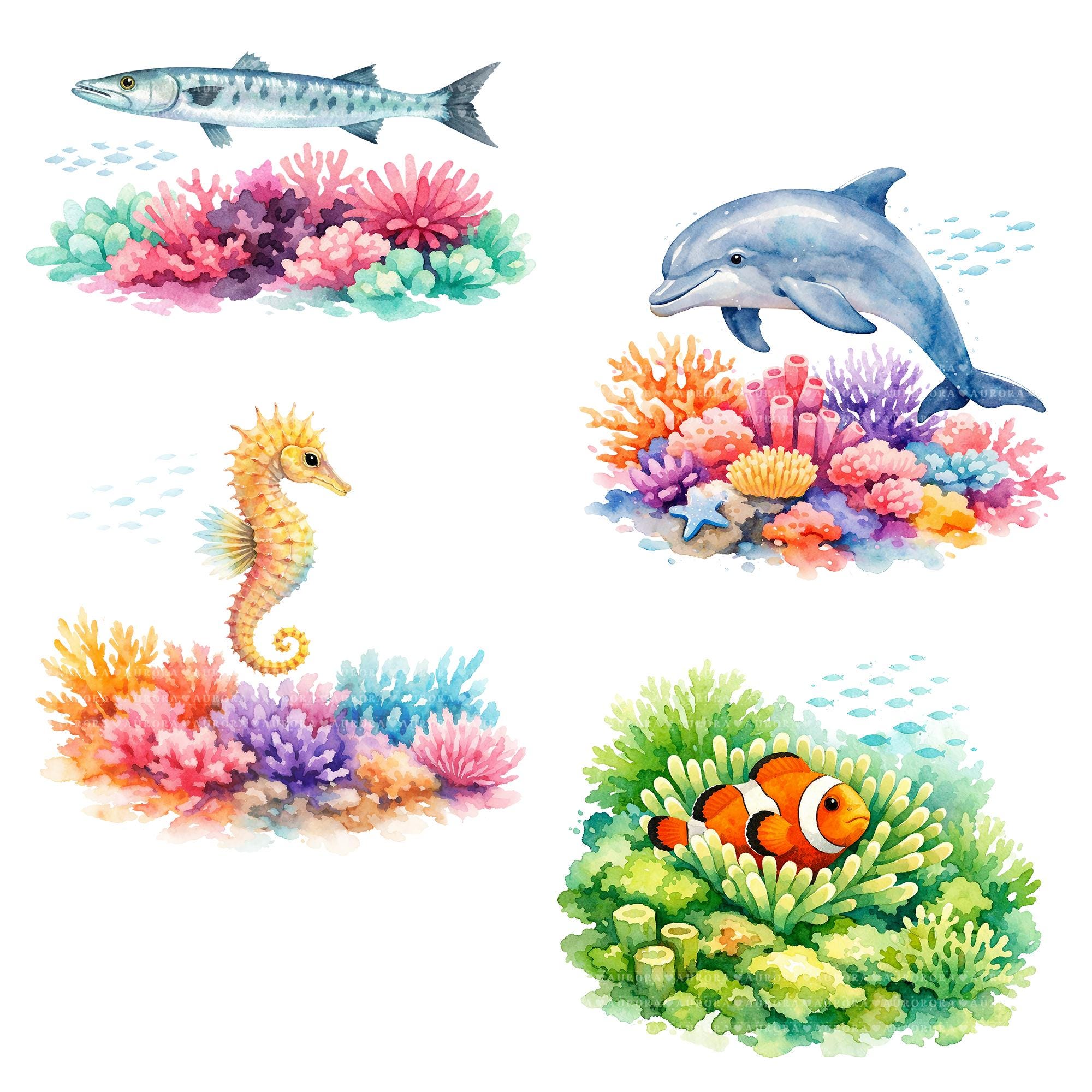 22 Watercolor Ocean Animals Clipart Bundle, Sea Creatures PNG, Coral ...