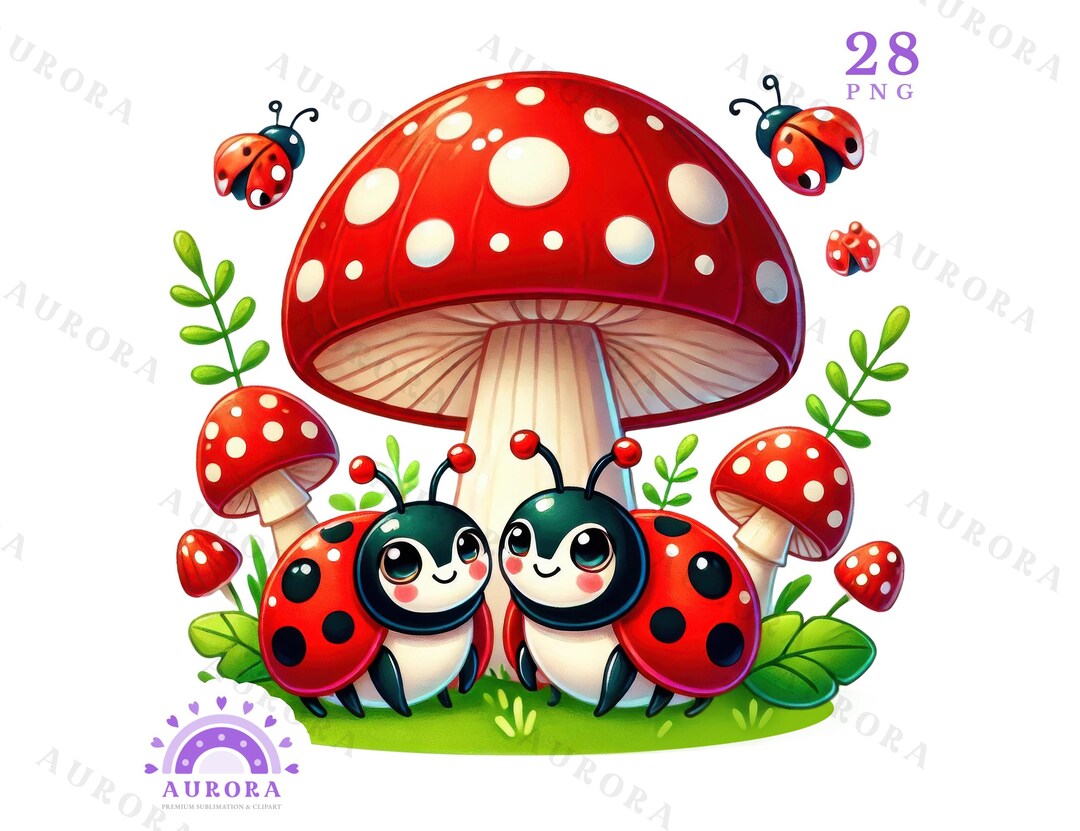 Cute Mushroom and Insect Clipart, Kawaii Toadstool With Ladybugs PNG ...