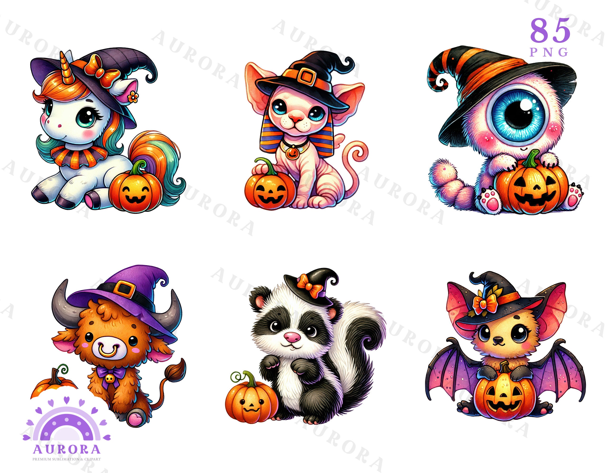 85 Watercolor Halloween Animals PNG, Spooky Zoo Animals Clipart, Witch ...