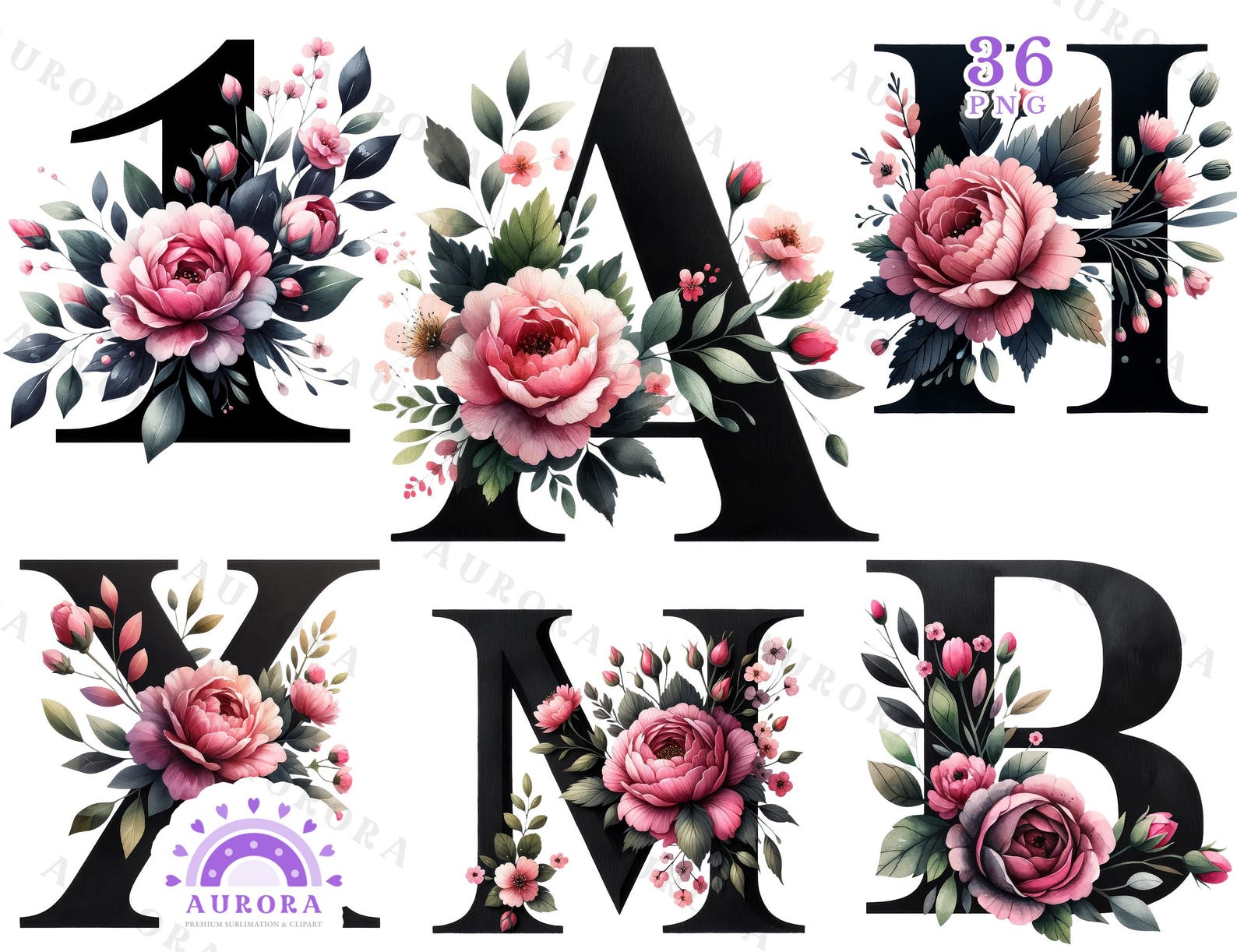 Watercolor Floral Alphabet Clipart, Flowers Letters Clipart, Botanical ...