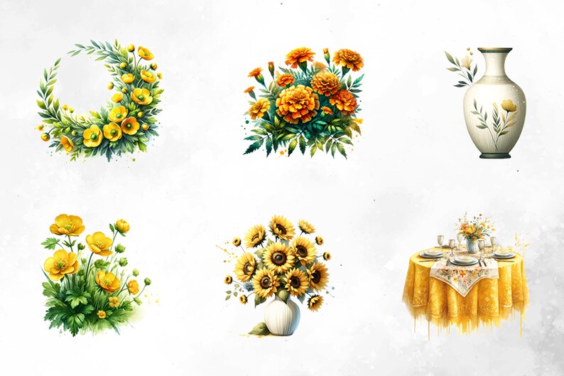 38 Watercolor Floral Summer Clipart Bundle, Summer Flowers PNG, Yellow ...