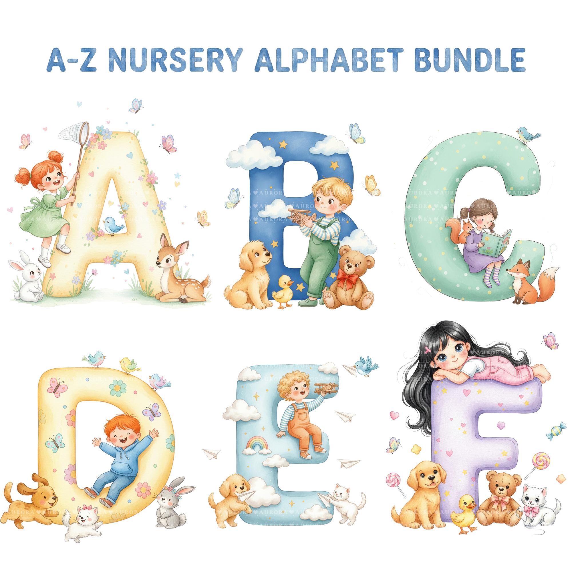 Whimsical Nursery Alphabet, Watercolor Animal Clipart, A-Z Letters PNG ...