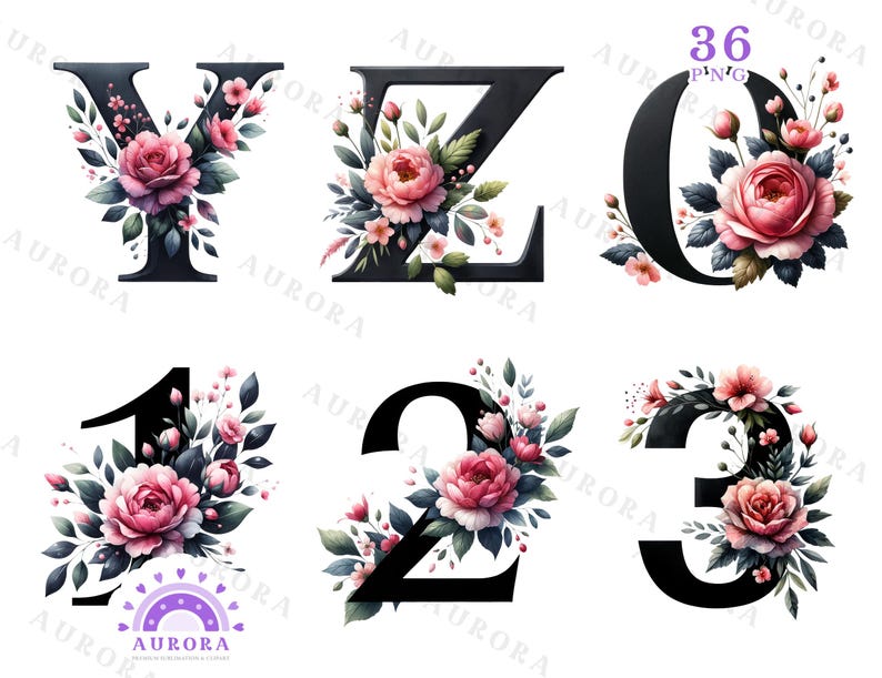 Elegant Floral Alphabet and Numbers Clipart, Watercolor Floral Alphabet ...