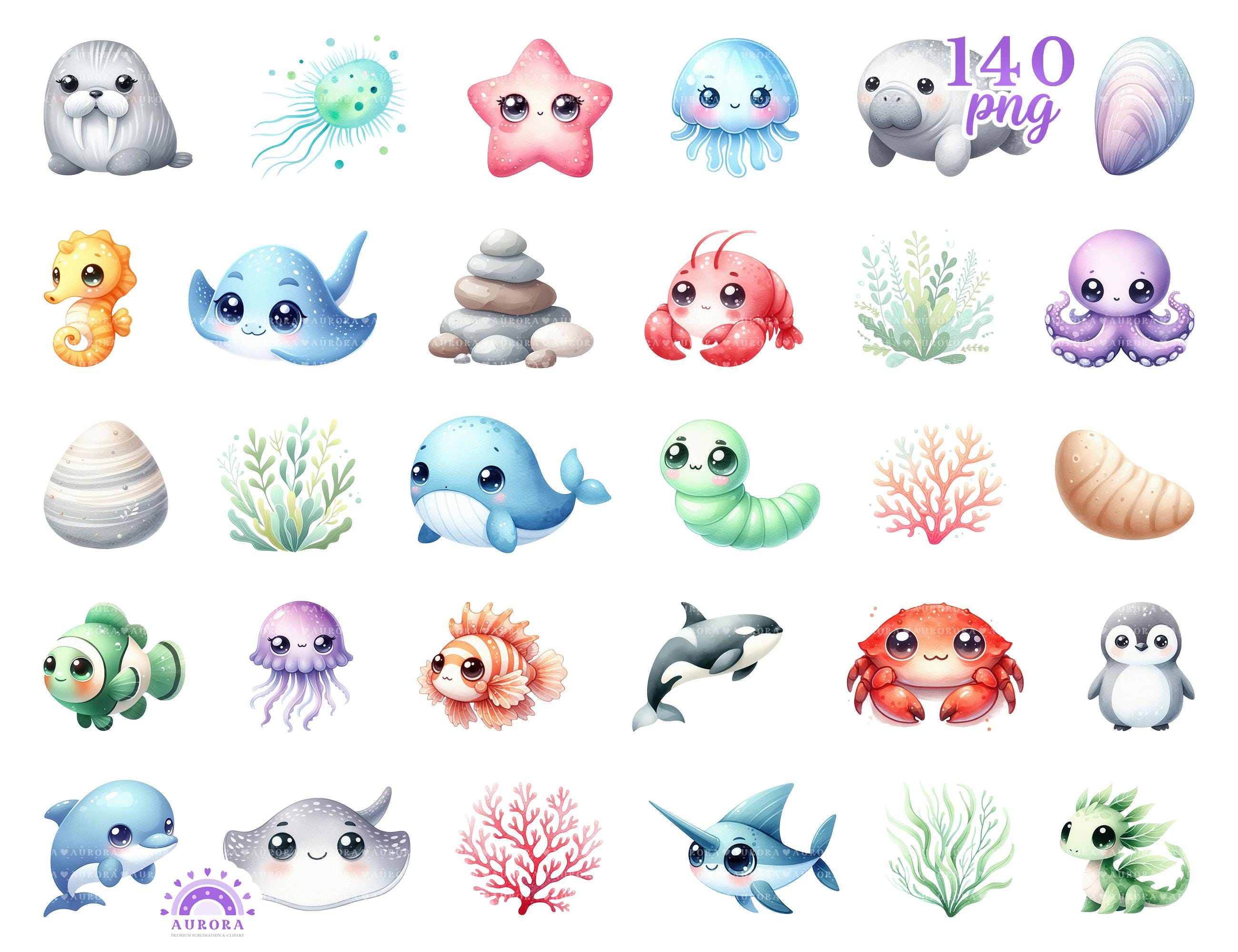 140 Kawaii Ocean Animals Clipart Bundle, Sea Creatures PNG, Watercolor ...