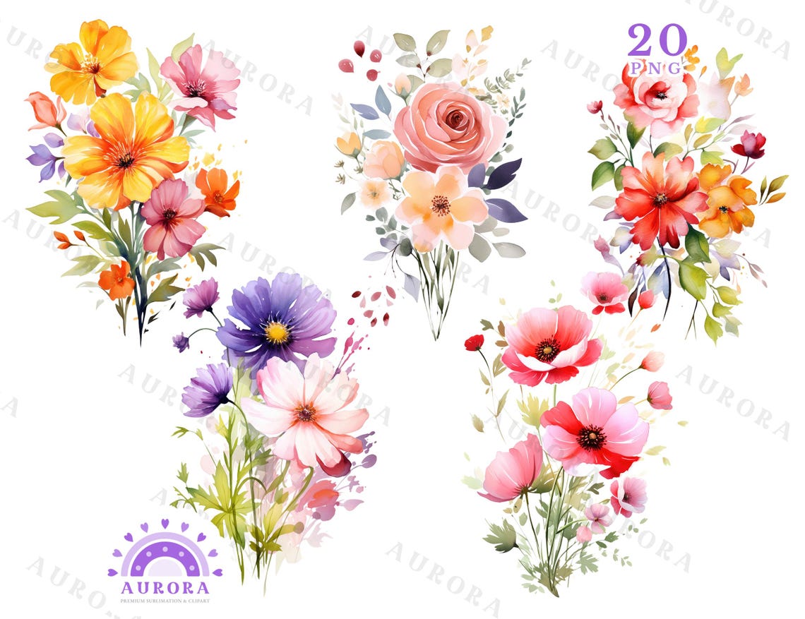 Watercolor Flower Clipart Bundle, Spring Floral Bouquets, Invitation ...