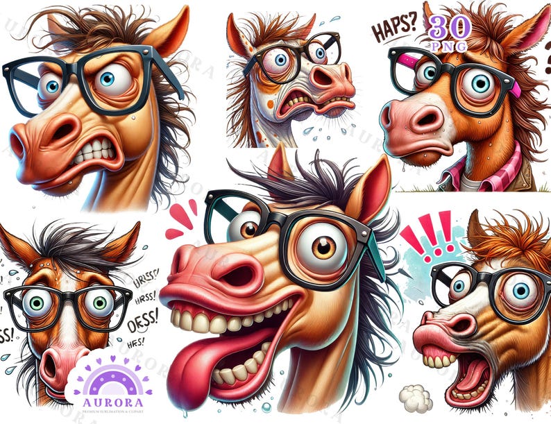 30 Funny Horse Face Clipart Bundle, Funny Faces Sublimation, Humorous ...