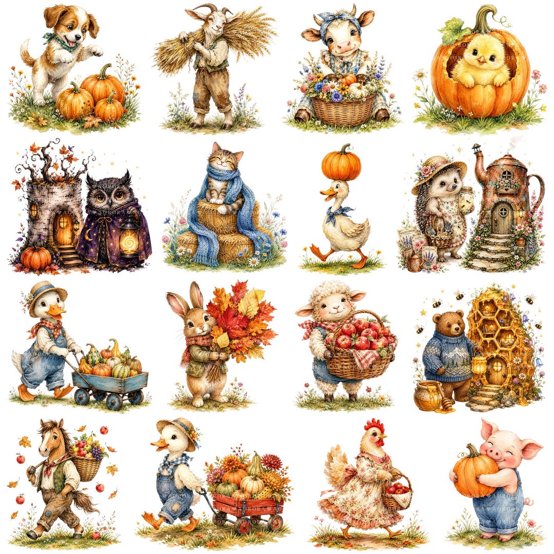 30 Cozy Fall Animals PNG Bundle, Watercolor Harvest Clipart ...