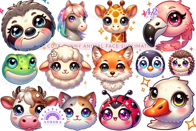 Kawaii Animal Faces Clipart, Sublimation PNG Bundle (digital Download ...
