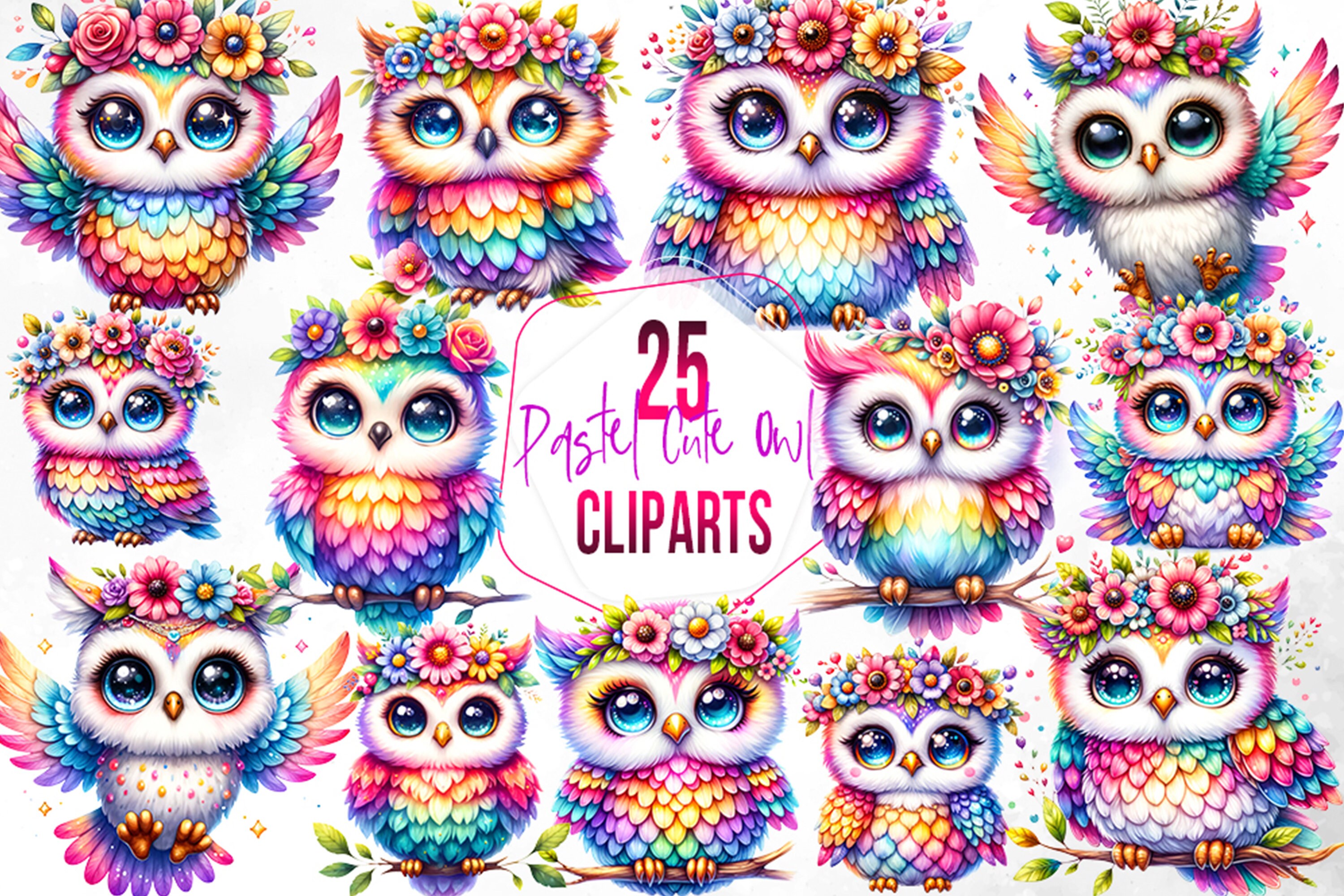 25 Pastel Owl Sublimation Clipart, Watercolor Cute Owl PNG, Colorful ...