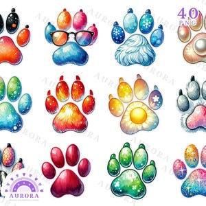 Colorful Paw Print Clipart, Watercolor Animal Clip Art, Bundle, Cat ...