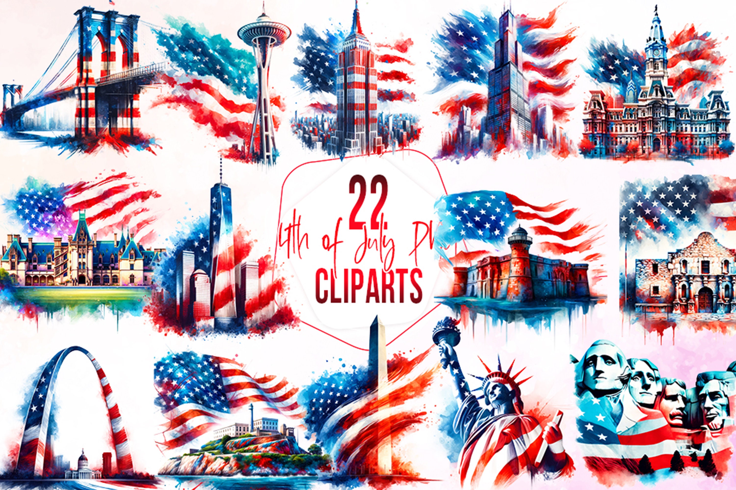 Patriotic Landmarks Watercolor Clipart, 4th of July PNG, American Flag ...
