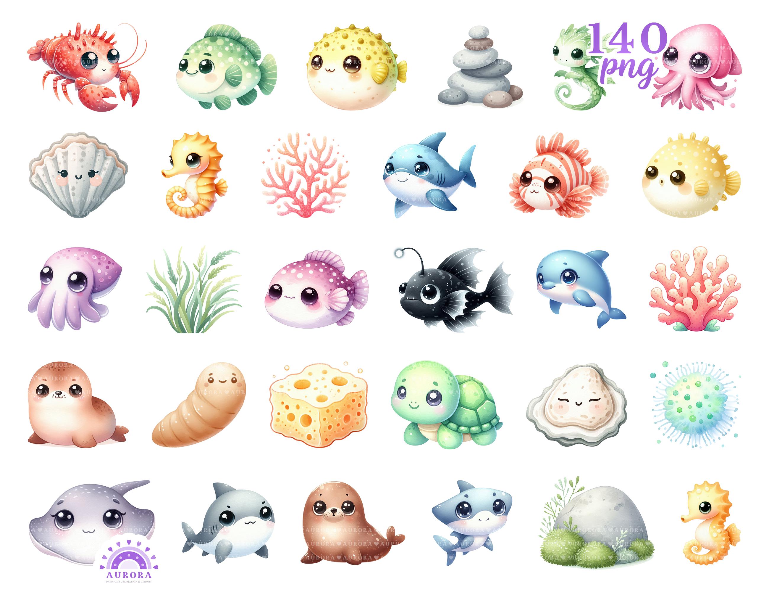 140 Kawaii Ocean Animals Clipart Bundle, Sea Creatures PNG, Watercolor ...