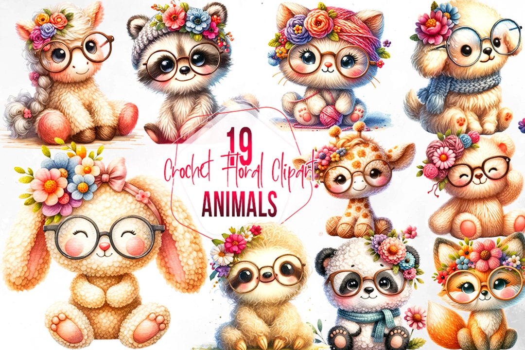 Pastel Watercolor Floral Animals Clipart, Adorable Crochet Floral ...