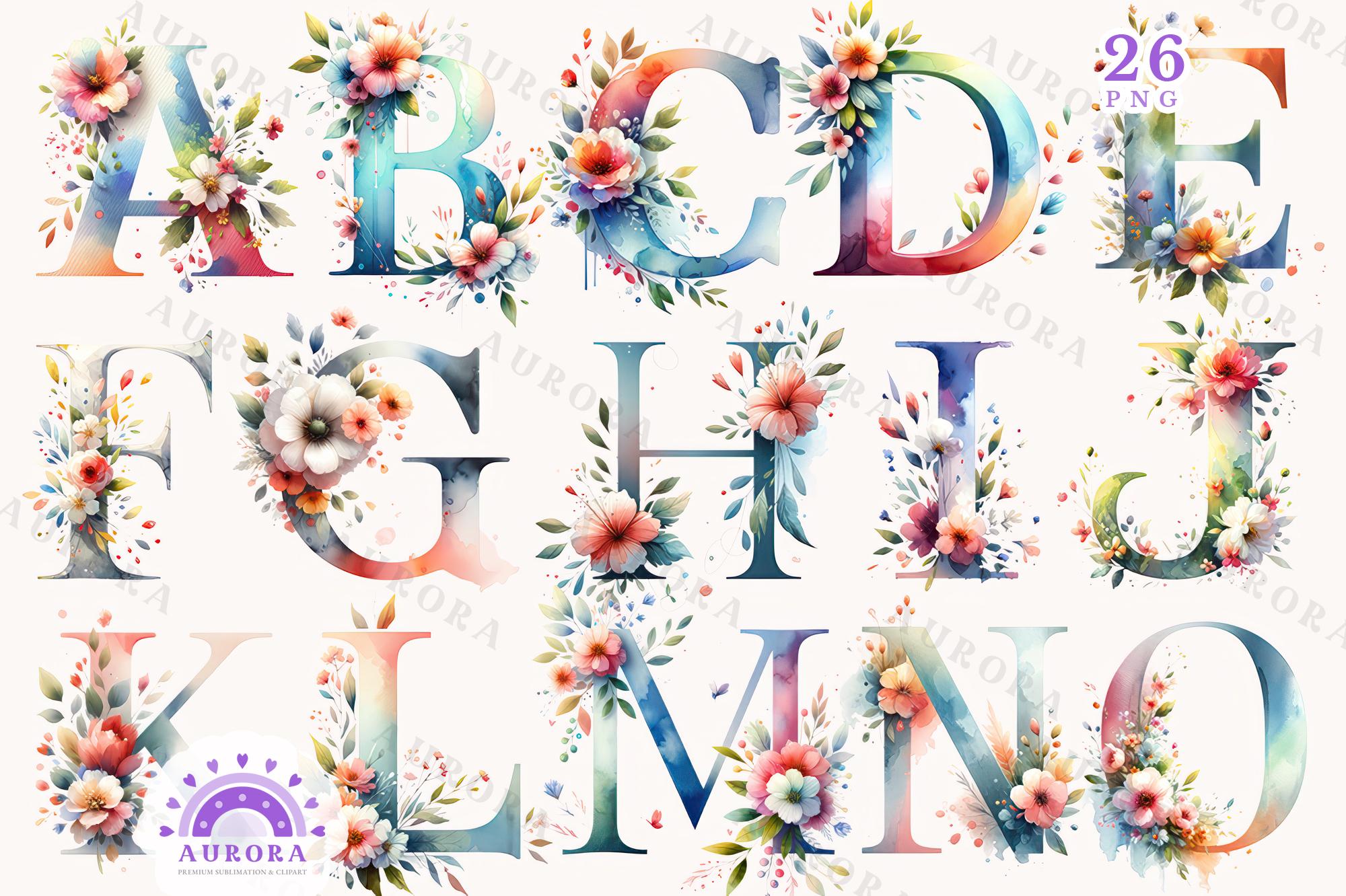 Watercolor Spring Alphabet Clipart, Floral Letters PNG, Spring Floral ...