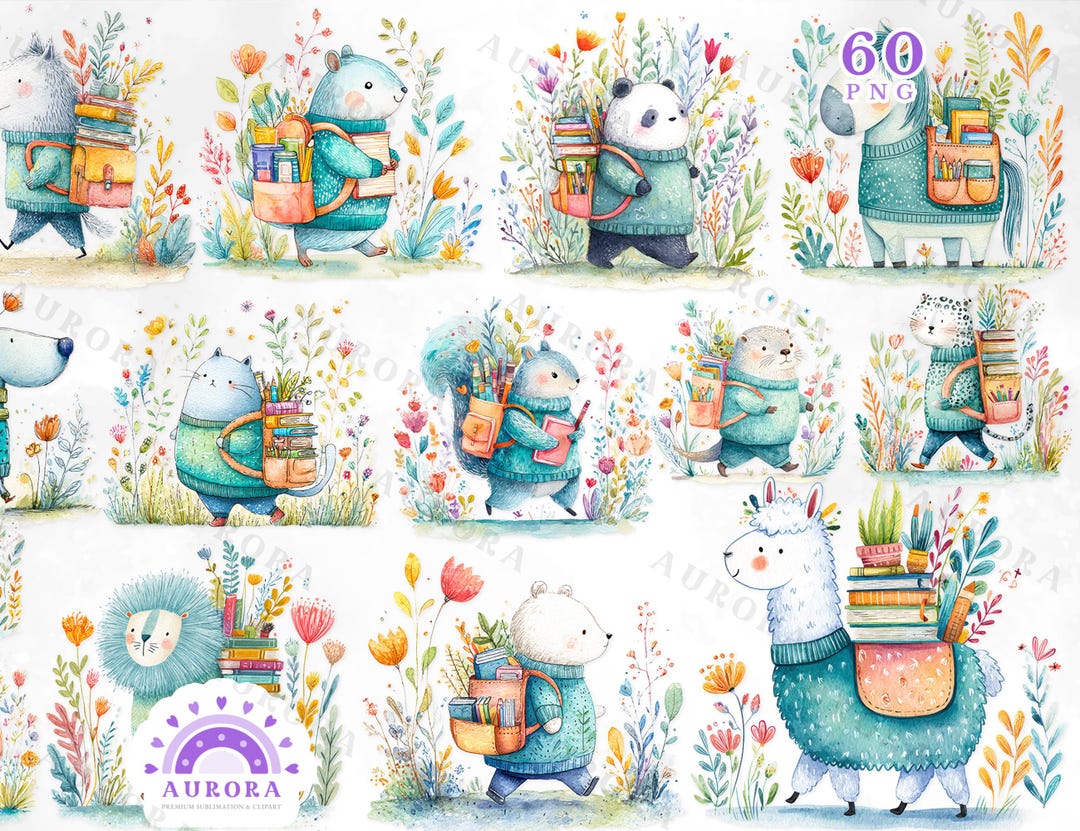 Back to School Clipart Bundle, Watercolor Woodland Animals Clipart ...