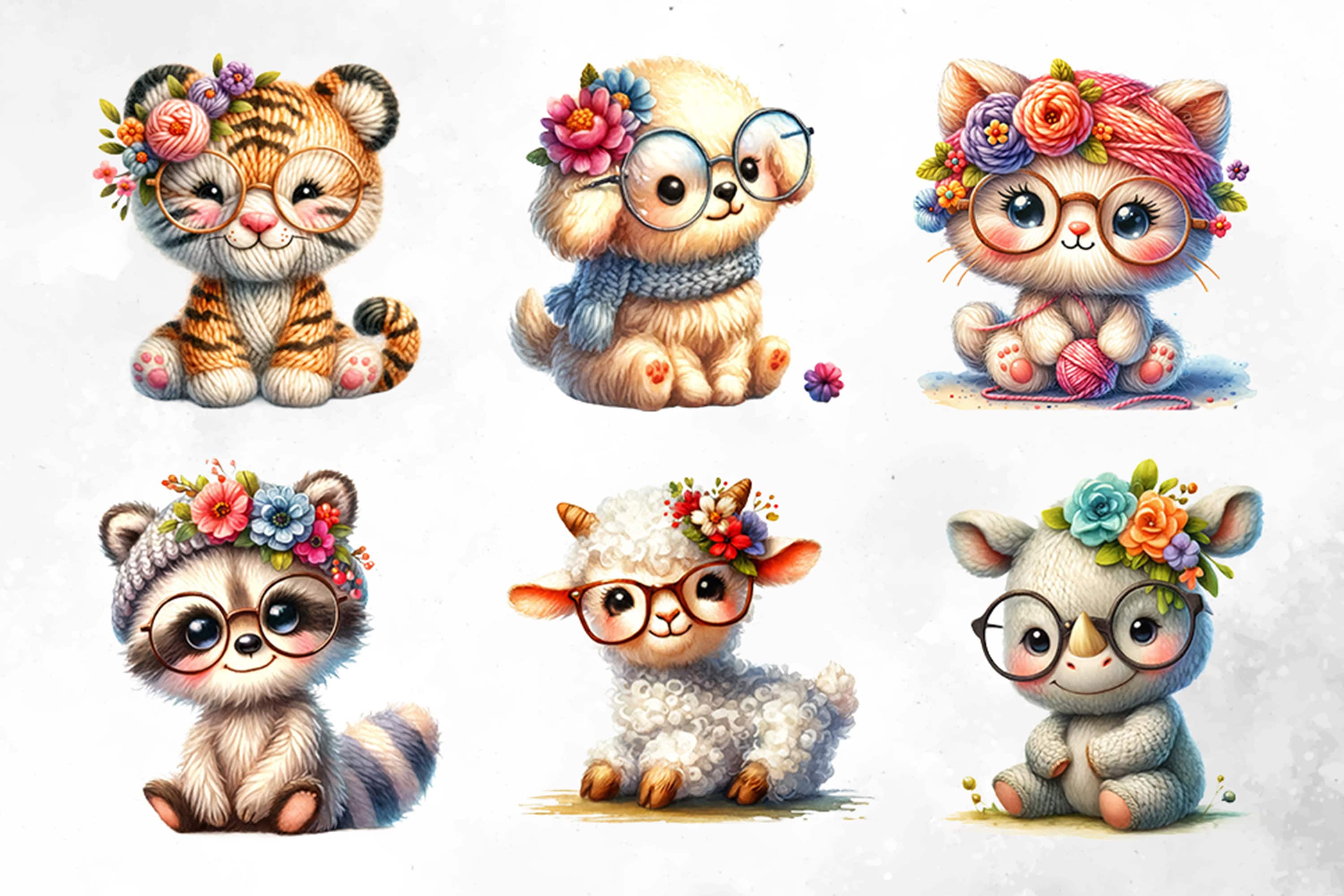 Pastel Floral Animal Clipart, Crochet Animals Sublimation PNG ...