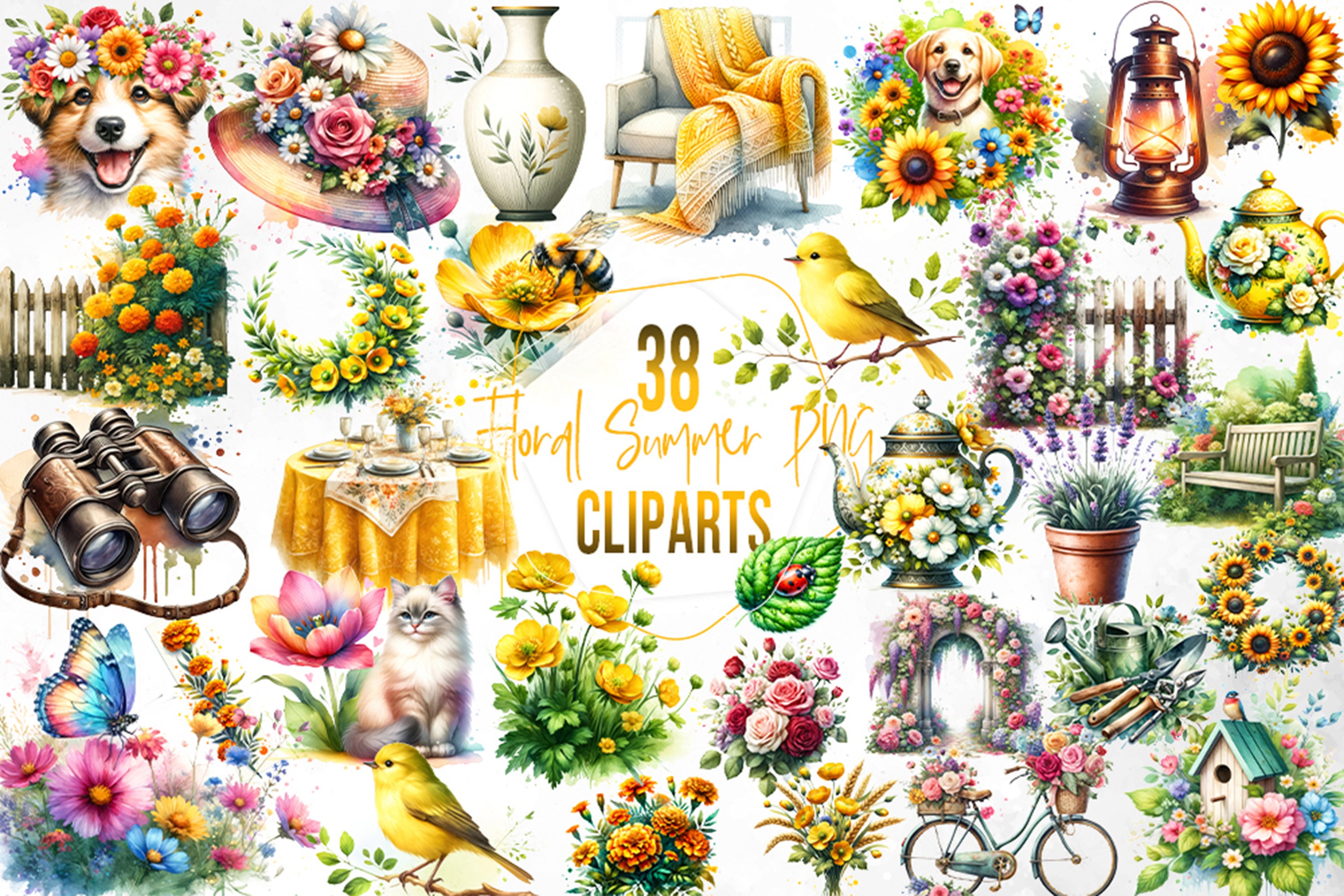 38 Watercolor Floral Summer Clipart Bundle, Summer Flowers PNG, Yellow ...