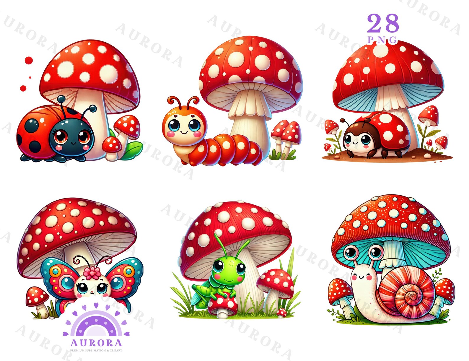 Cute Mushroom and Insect Clipart, Kawaii Toadstool With Ladybugs PNG ...