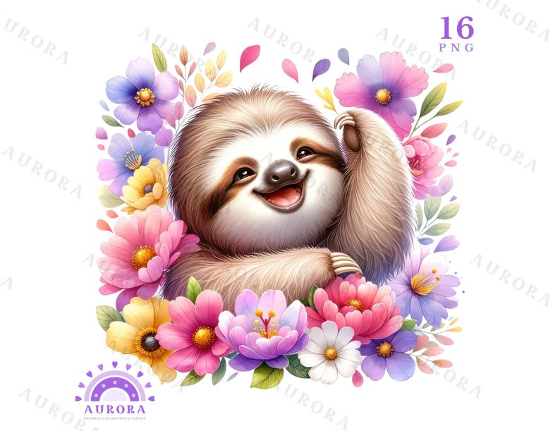 Watercolor Spring Floral Sloth Clipart, Cute Sloth With Flowers PNG ...