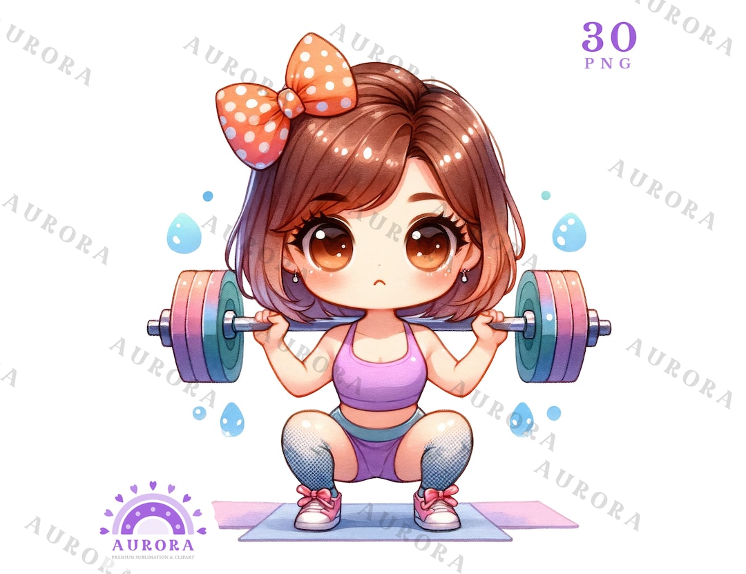 Chibi Fitness Girl Clipart, Gym Workout PNG Bundle, Sublimation Designs ...