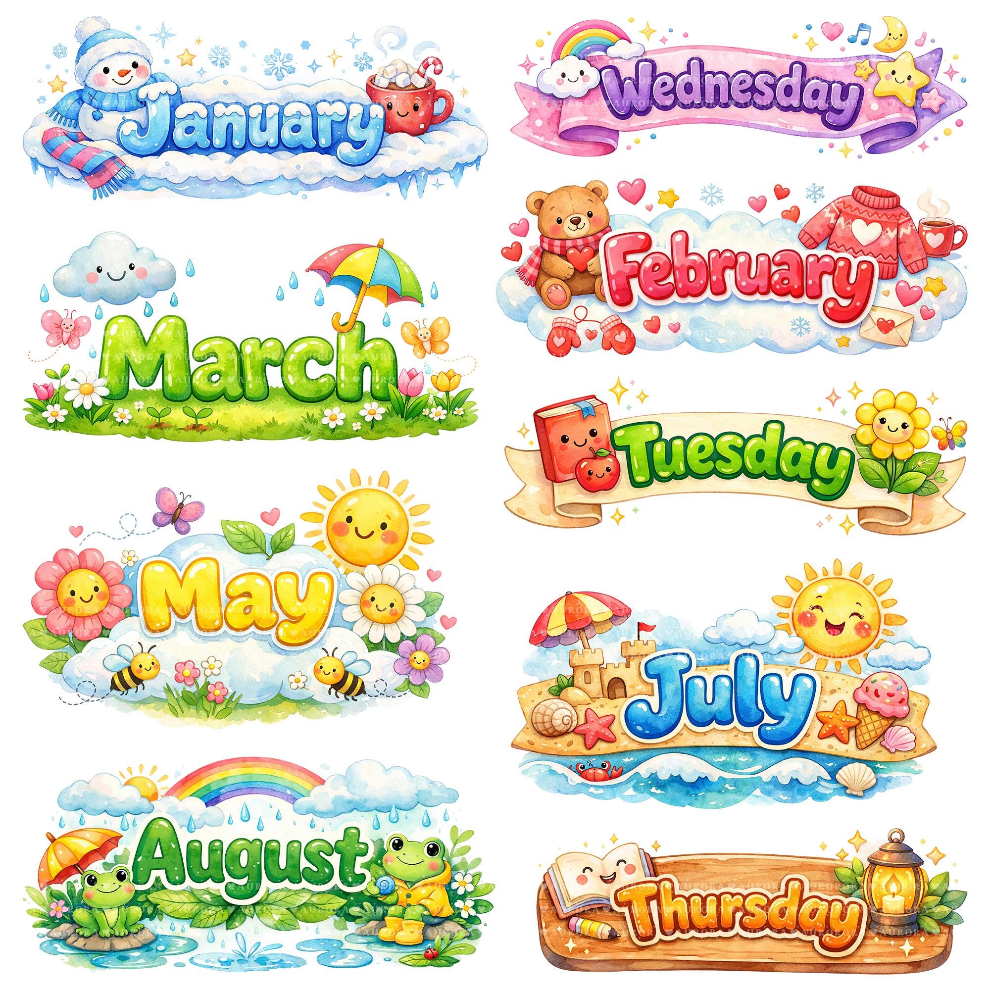 24 Watercolor Months and Days Clipart PNG Bundle, Classroom Calendar ...