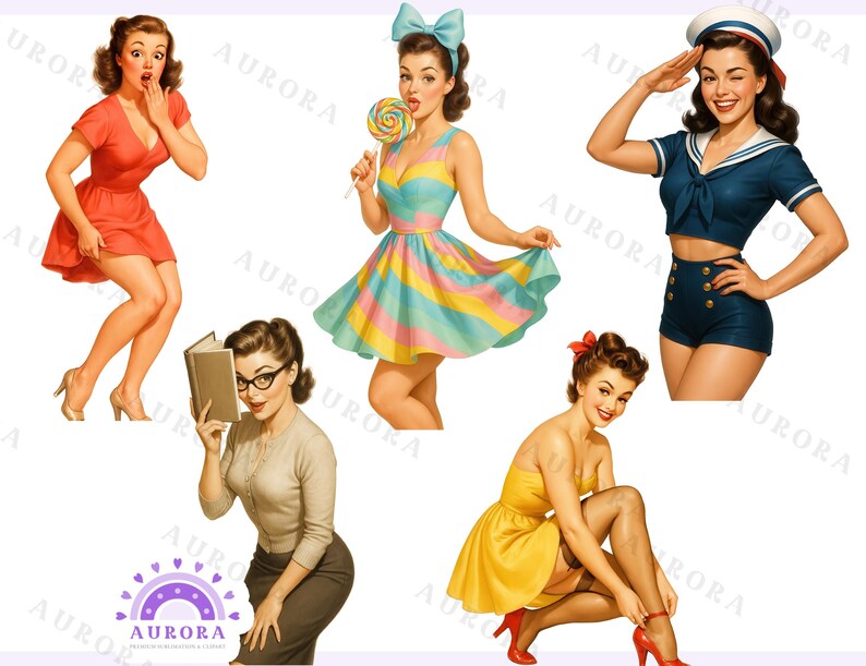 Retro Pin up Girl Clipart Bundle, 1950s Pngs in Fashion Poses, Vintage ...