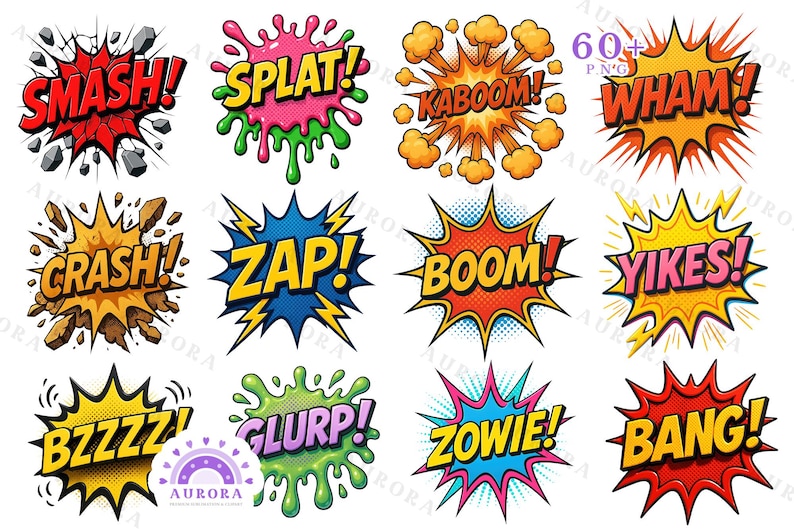 Comic Text Bubble PNG Bundle, Pop Art Sound Effects Clipart, Retro ...