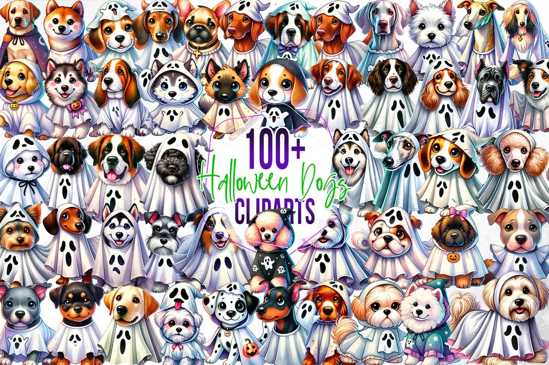100+ Halloween Dog Ghost Clipart Bundle, Cute Watercolor Dogs in Ghost ...