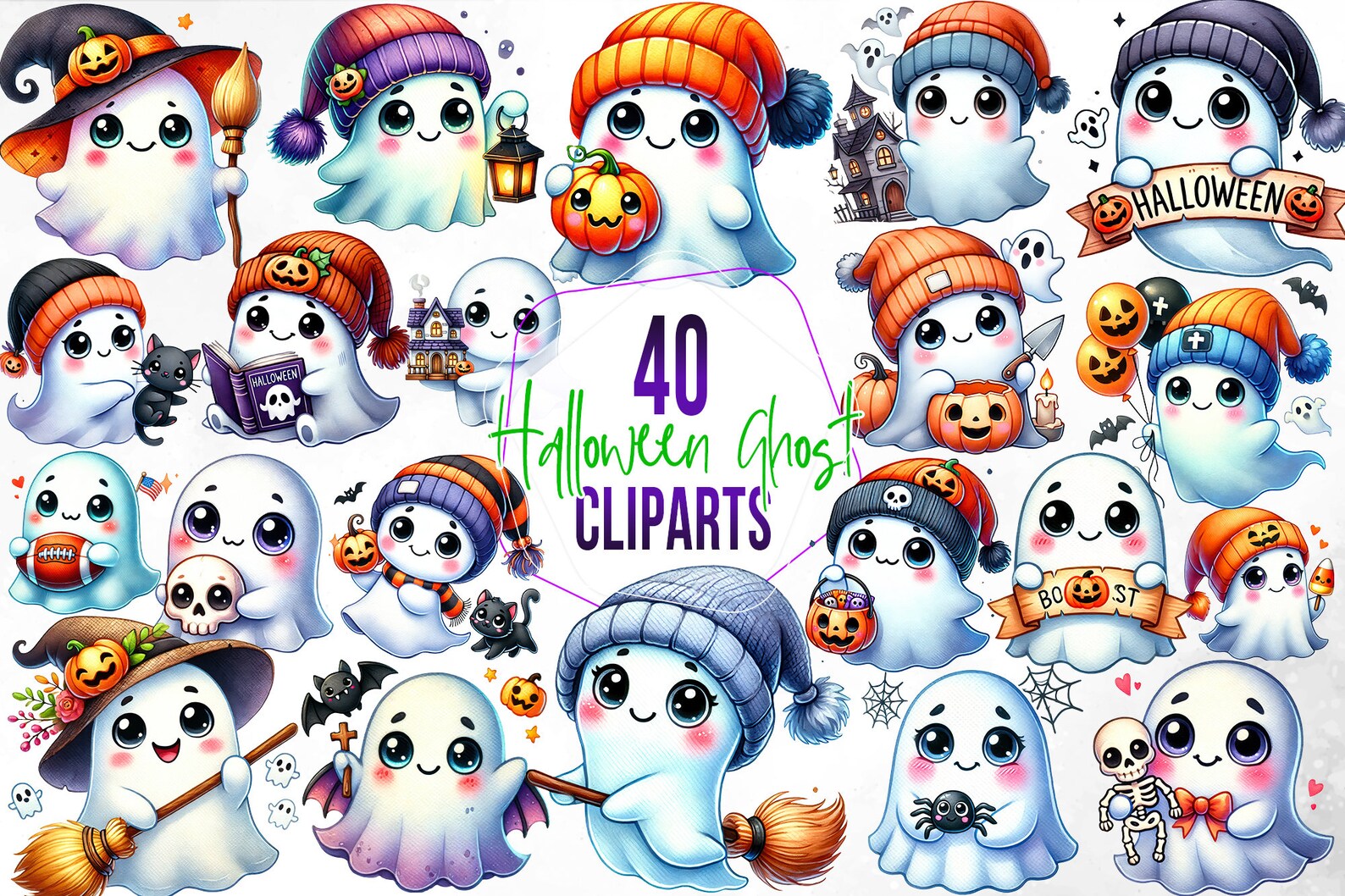 40 Funny Halloween Ghost Clipart Bundle, Cute Spooky Ghost PNG for ...