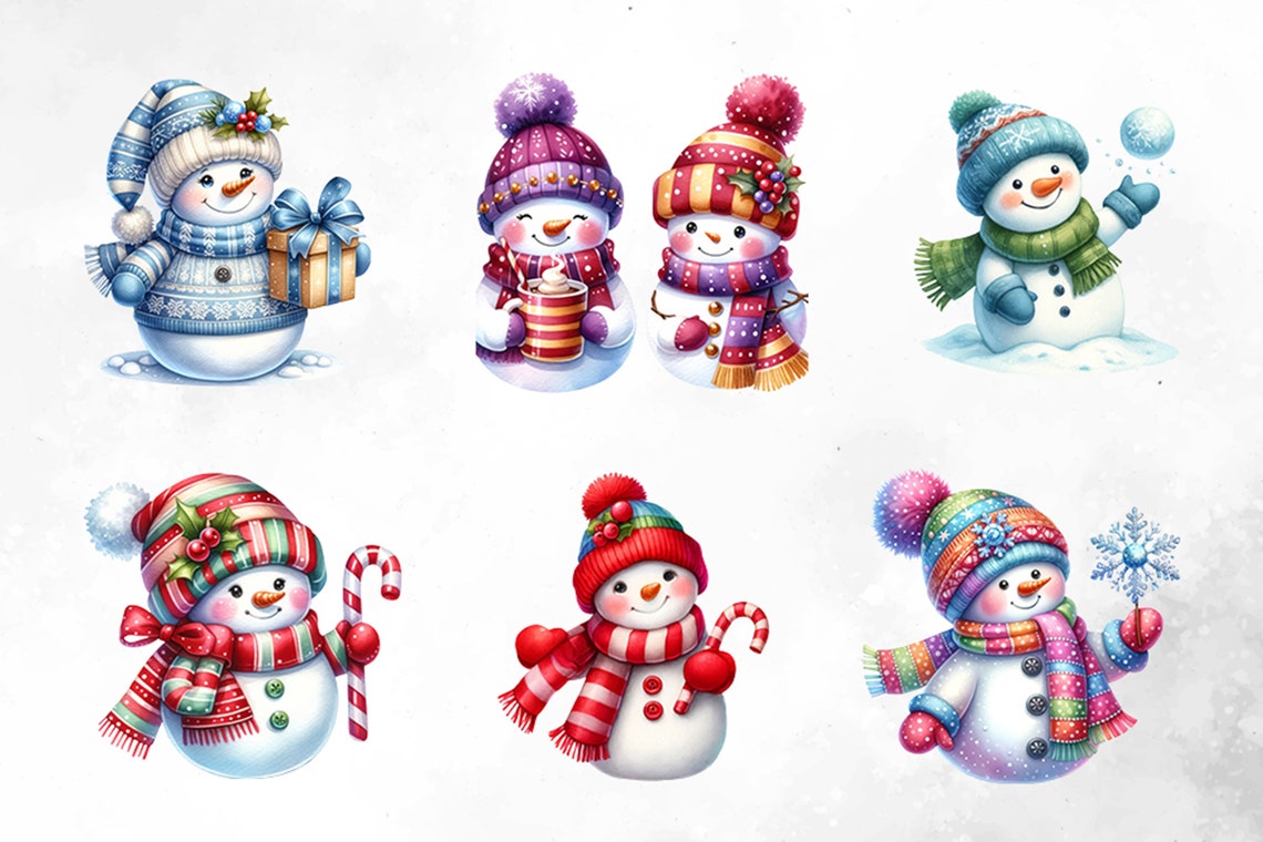 Cute Christmas Snowman Clipart, Watercolor Winter Snowman PNG, Holiday ...