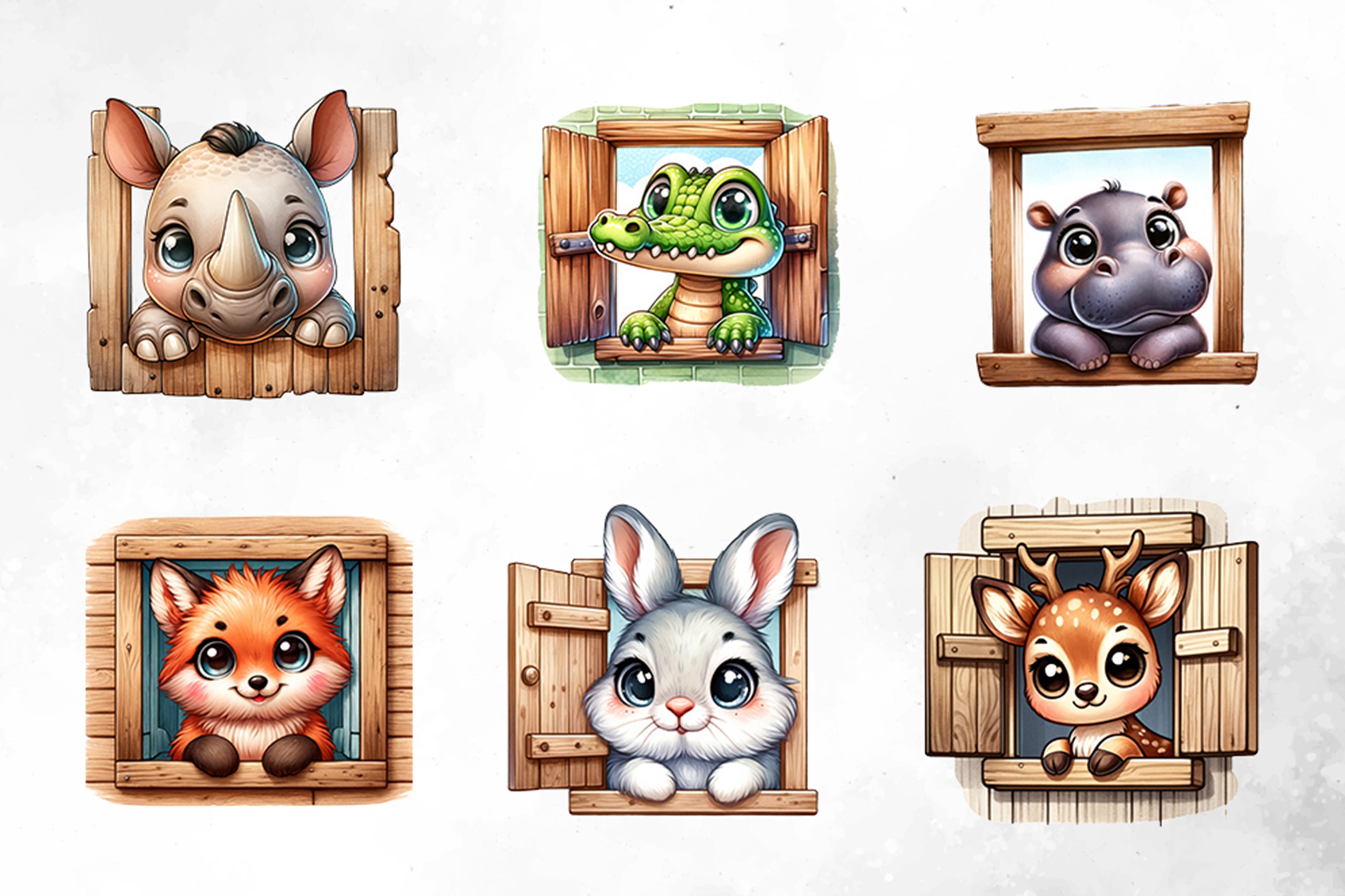 24 Peeking Animals Clipart, Animal Peeking Wooden Window, Watercolor ...
