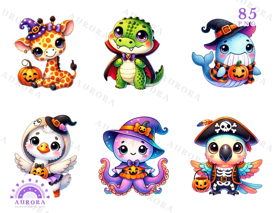 85 Watercolor Halloween Animals PNG, Spooky Zoo Animals Clipart, Witch ...