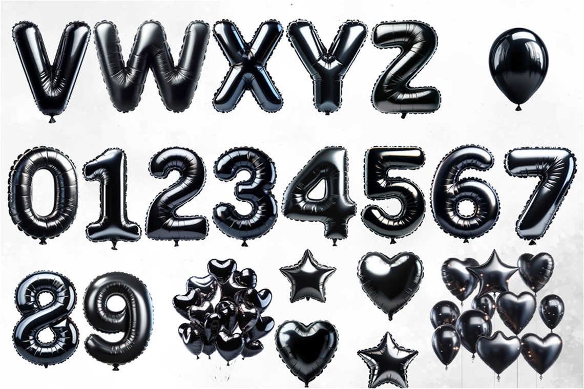 Black Foil Balloons Alphabet Clipart, Letters and Numbers for ...