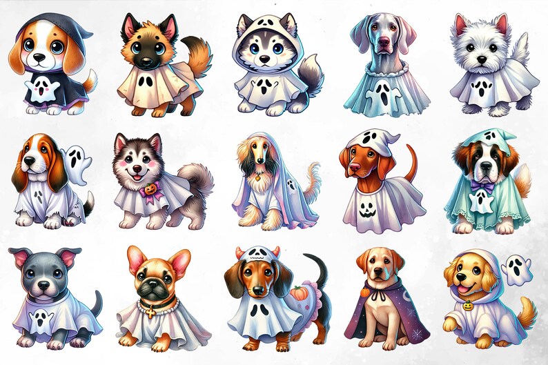 100+ Halloween Dog Ghost Clipart Bundle, Cute Watercolor Dogs in Ghost ...