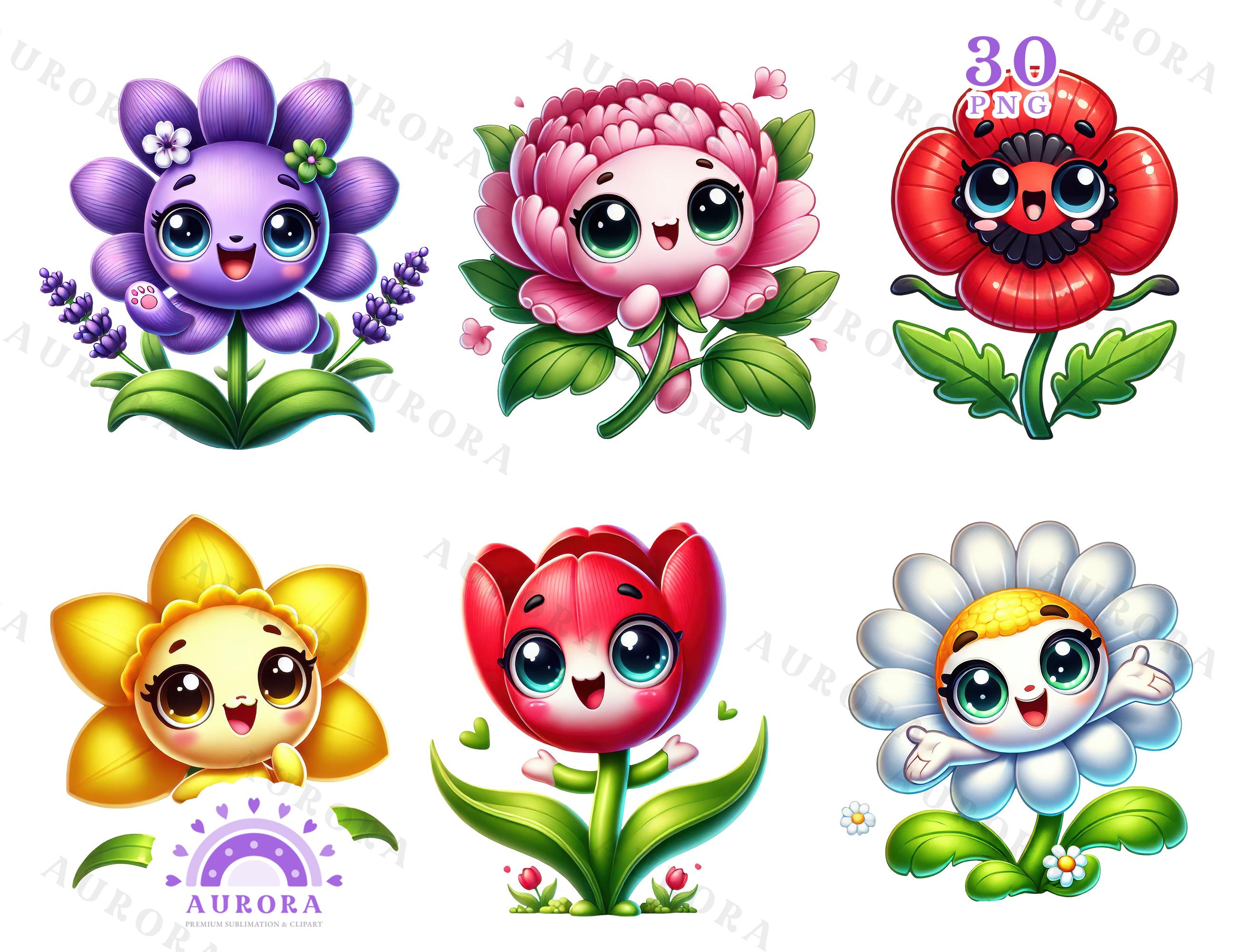 30 Cute Flower Characters Clipart Bundle, Kawaii Cartoon Flowers PNG ...