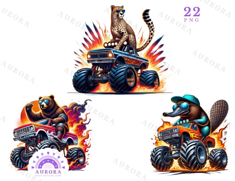 22 Monster Truck Clipart Bundle, Cool Animals Driving Trucks, Extreme ...